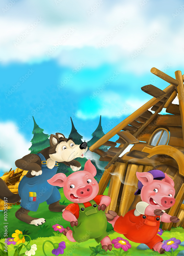 Cartoon scene of house being demolished - wolf and pigs - illustration ...