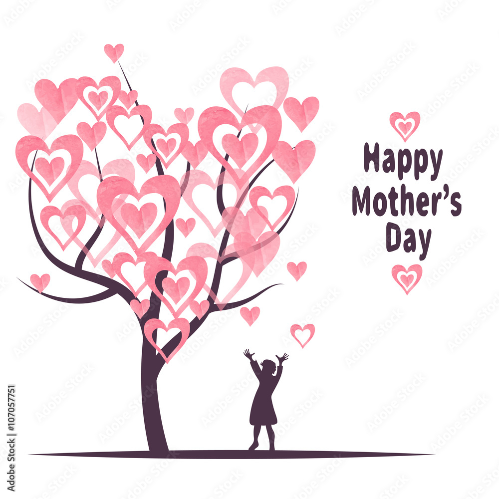 Mother's Day greeting card template. Blossoming tree with hearts as ...