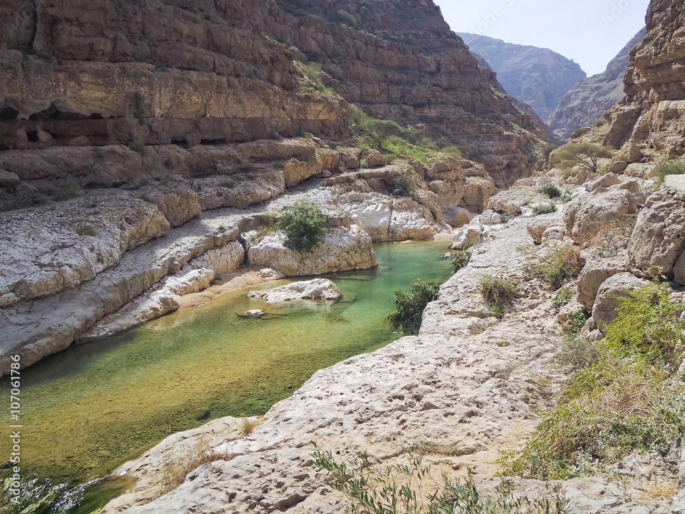 Wadi Shab with emerald green water, one of the most famous and a Stock ...
