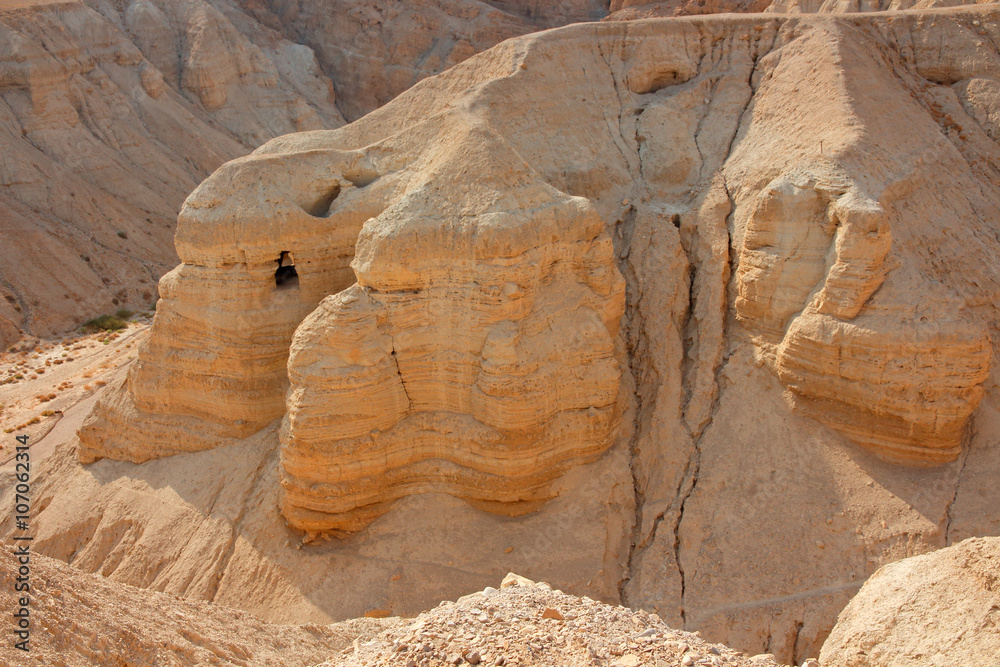 Qumran caves at the archaeological site in the Judean desert of the ...