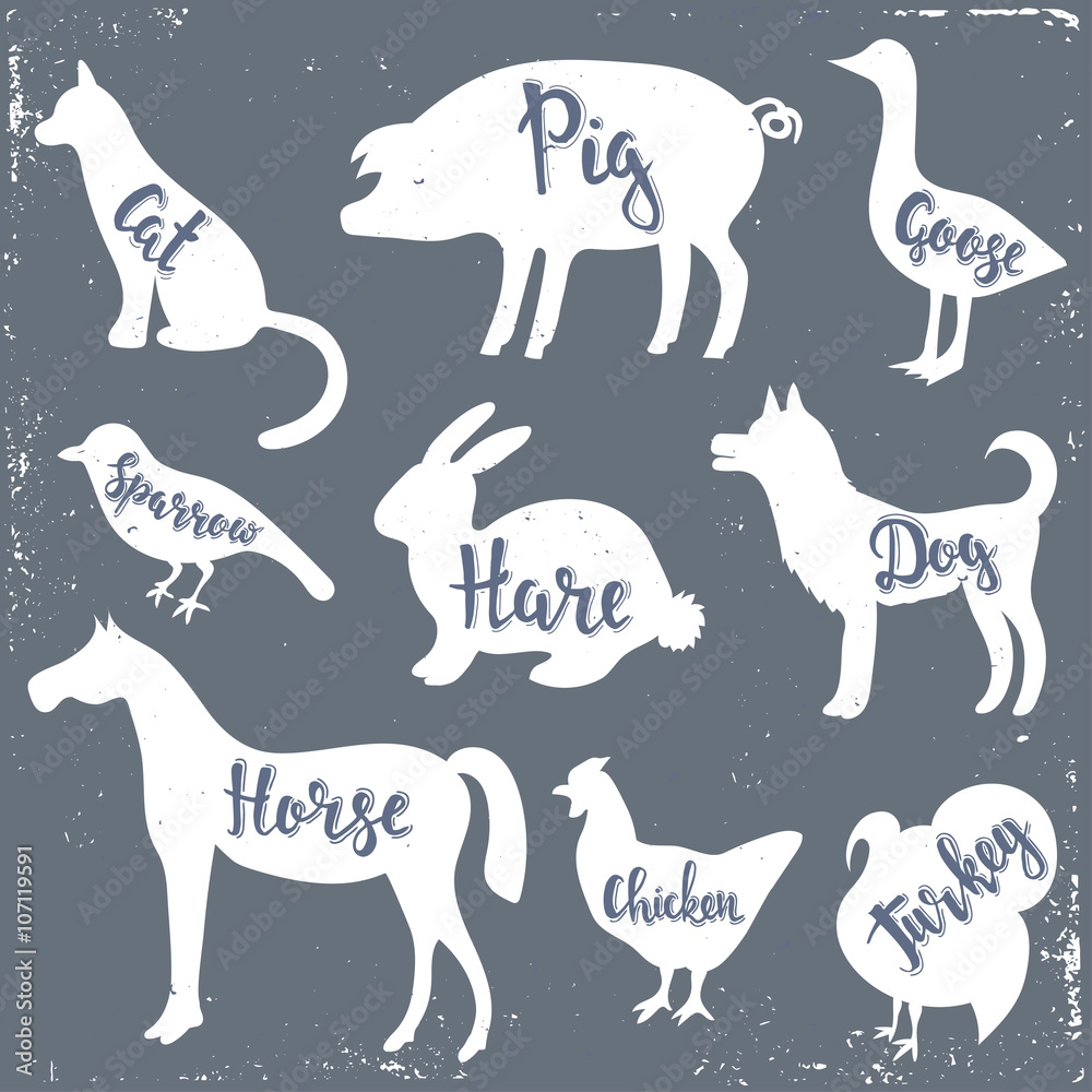 Wild animals isolated silhouettes with lettering: cat, pig, goose ...