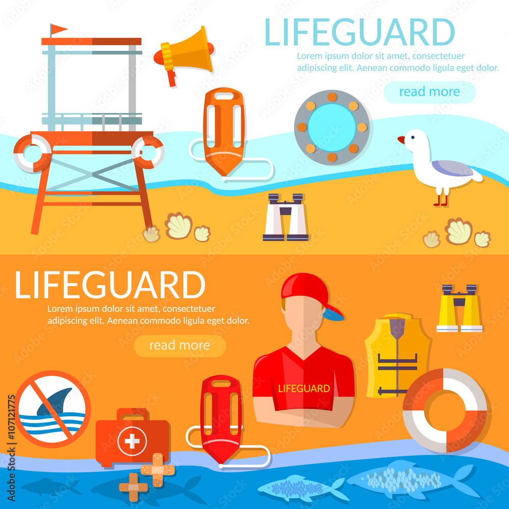 Lifeguards banners professional lifeguard on the beach flat styl Stock ...
