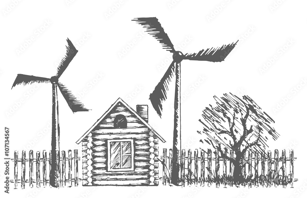 Drawing of wooden house with wind power plants. Stock Illustration ...
