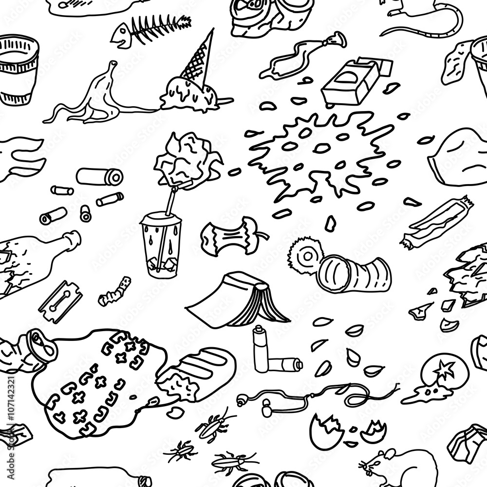 Seamless pattern with street garbage and waste in doodle style. Stock ...