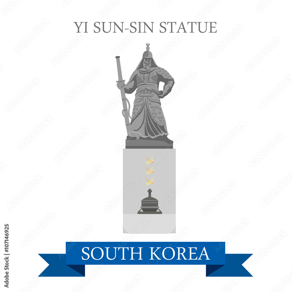 Yi Sun-Sin Statue South Korea landmarks vector flat attraction Stock ...