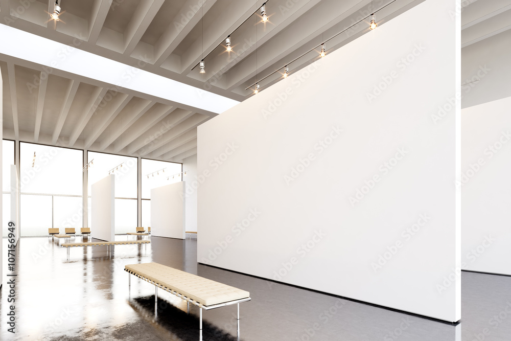 Photo exposition modern gallery. Huge white empty canvas hanging ...