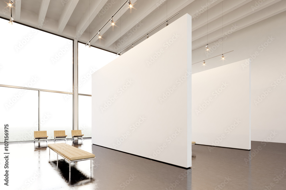Picture exposition modern gallery,open space.Huge white empty canvas ...
