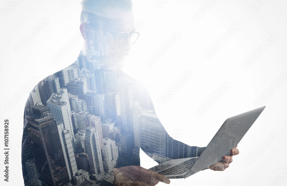 Double exposure bearded businessman wearing black suit and glasses ...