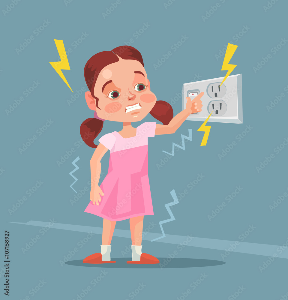 Little girl touching covered socket. Vector flat cartoon illustration ...
