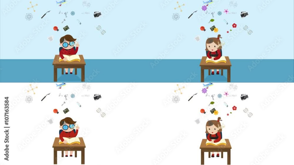 Four HD cartoon animation multi screen of boy and girl student reading ...