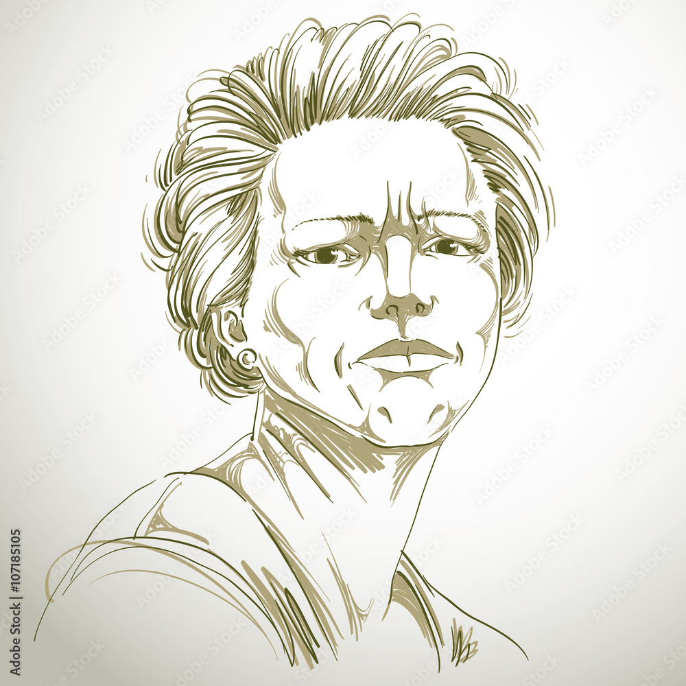 Vector drawing of angry woman with stylish haircut. Black and white ...