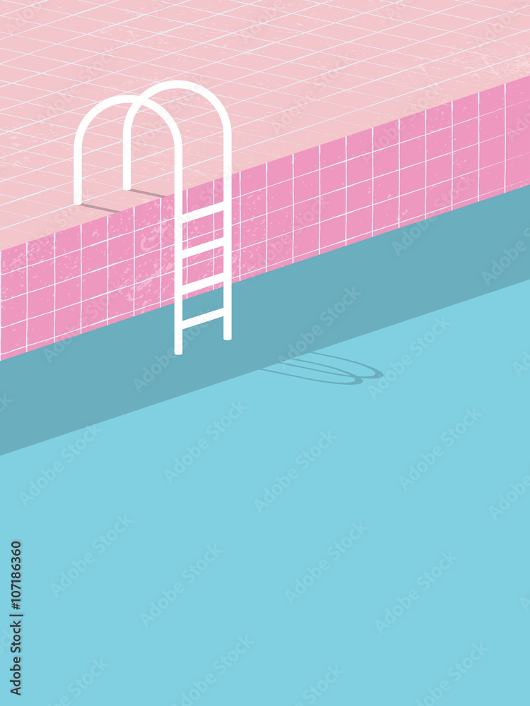 Swimming pool in vintage style. Old retro pink tiles and white ladder ...