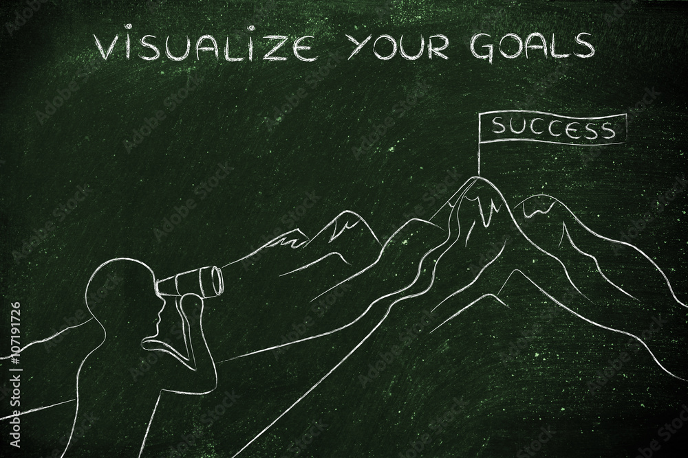 man with binoculars looking at Success flag, visualize your goal Stock ...