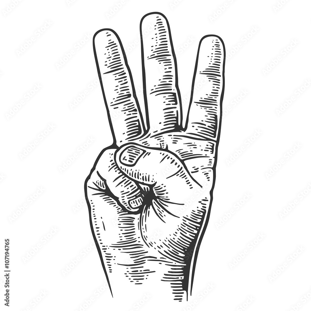 Male hand showing three fingers. Vector black vintage engraved ...