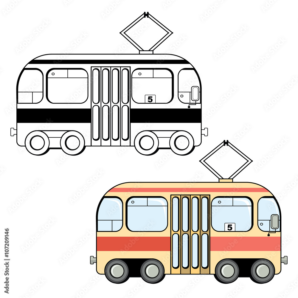 Black and white and colored variants of cute cartoon style tram ...
