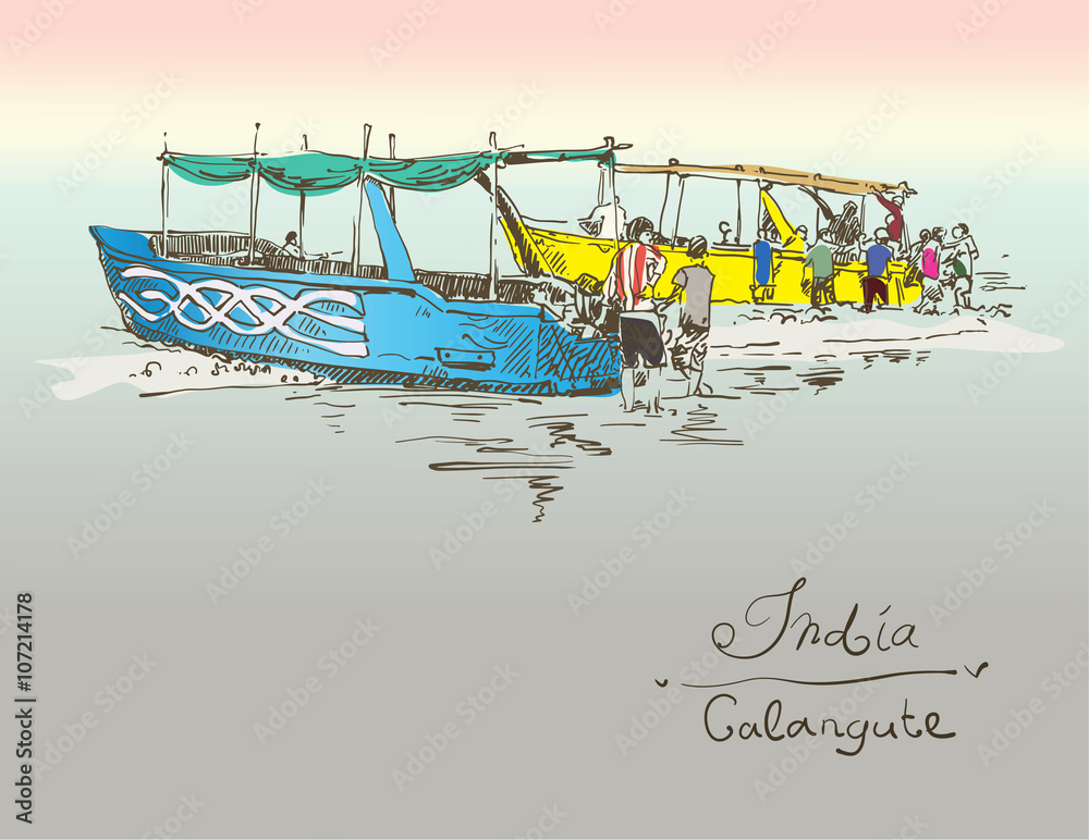 India Calangute Beach sketch drawing with two boats ashore Stock Vector ...