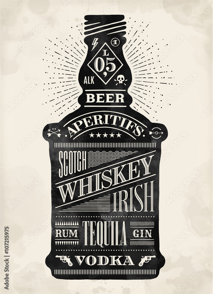 Poster bottle of alcohol with hand drawn lettering. Monochrome vintage ...