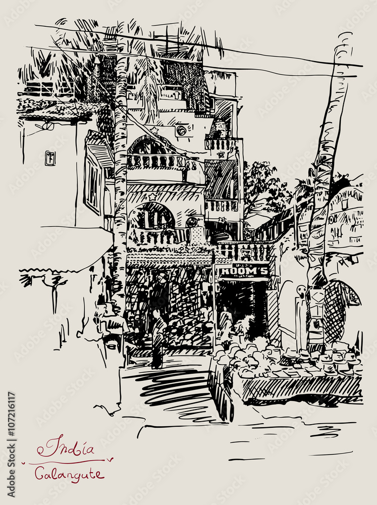 original drawing of India Goa Calangute Baga landscape point-of- Stock ...
