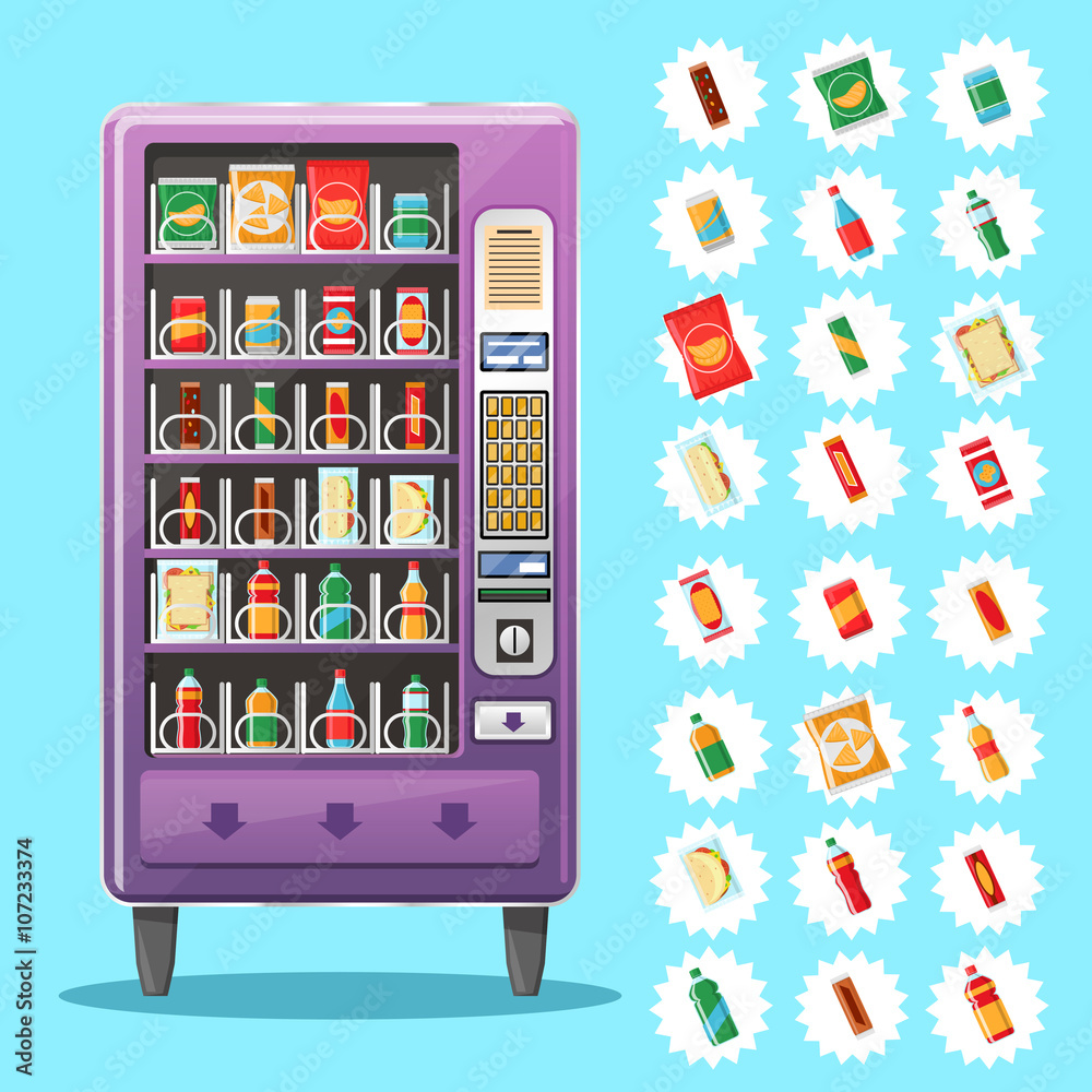 Vending machine with snacks and drinks. Vector illustration Stock ...