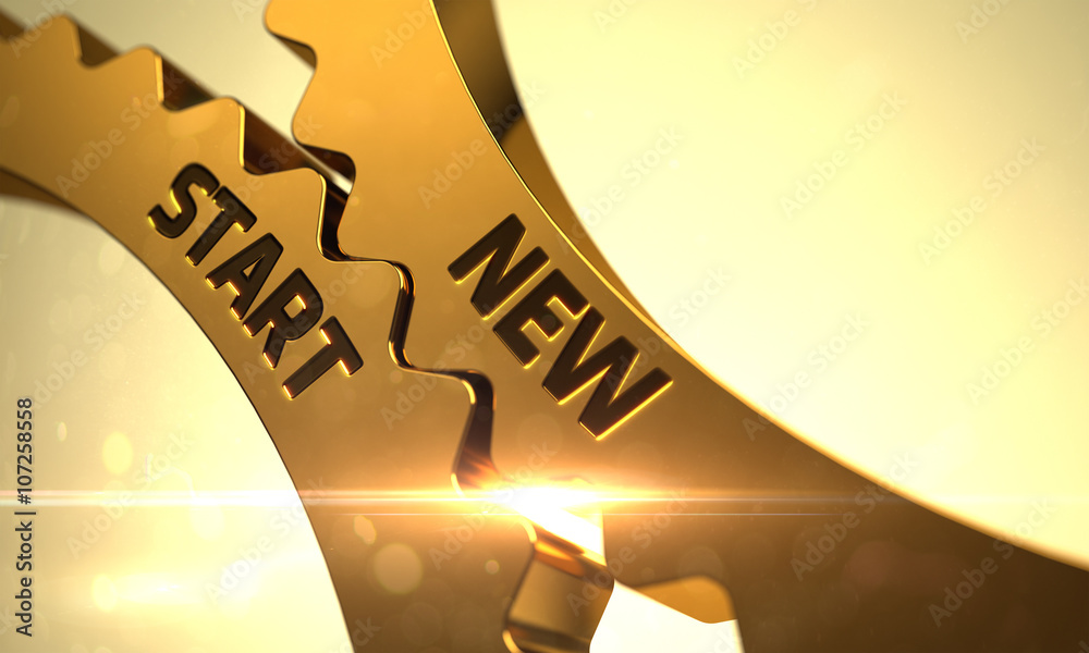 Golden Metallic Gears with New Start Concept. New Start on the ...