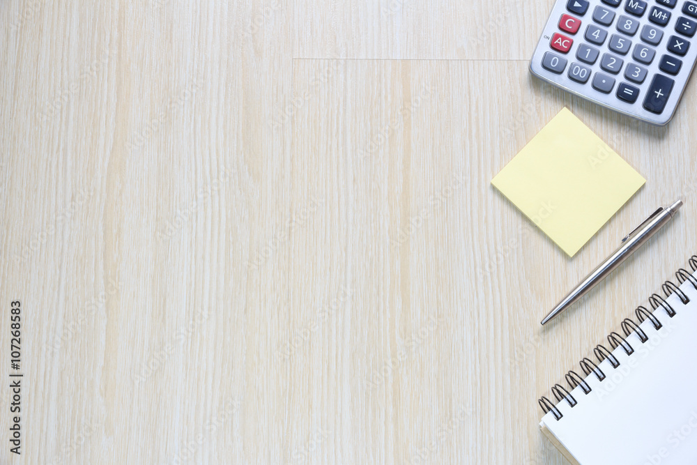Top view of office desk with pen, notepad, note, and calculator Stock ...