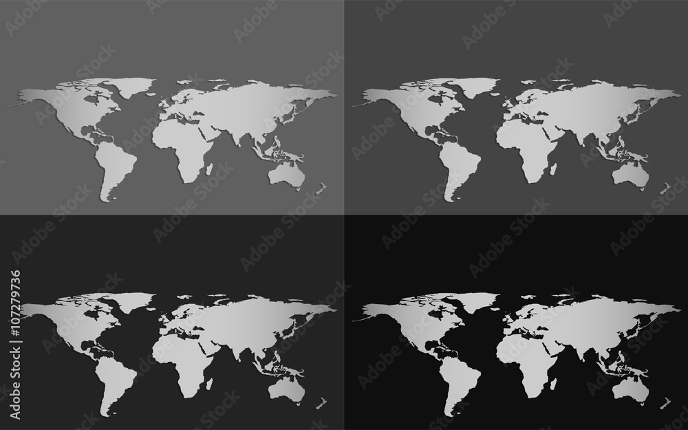 Set of four vector world maps isolated on a grayscale background with ...