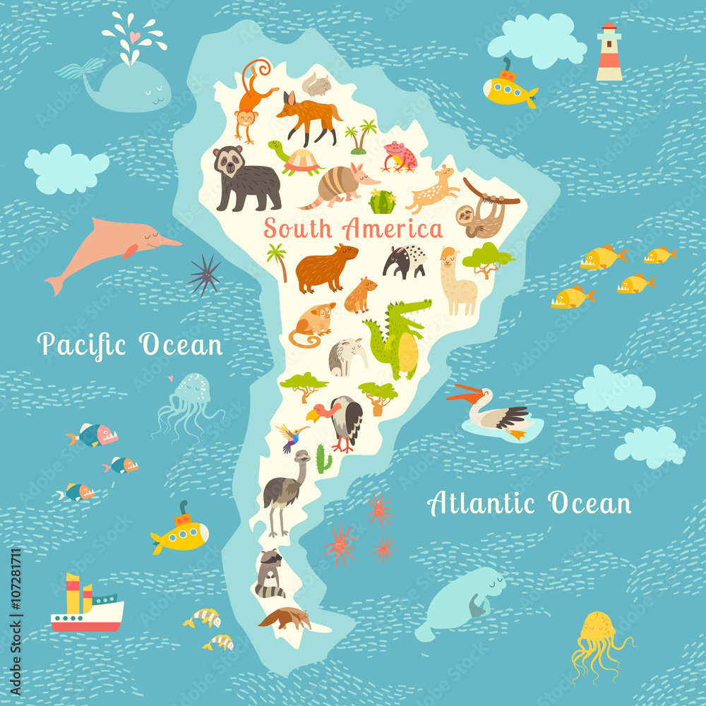 Animals world map, Sorth America. Vector illustration, preschool, baby ...