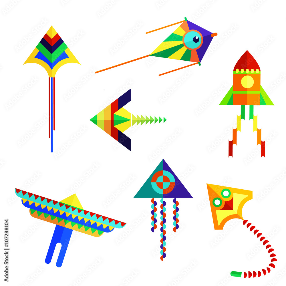 Vector illustration of set of colored kite on a white background. A ...