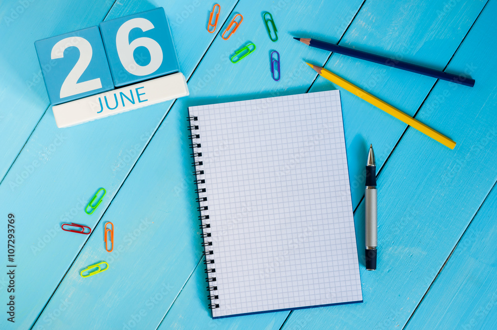 June 26th. Image of june 26 wooden color calendar on blue background ...