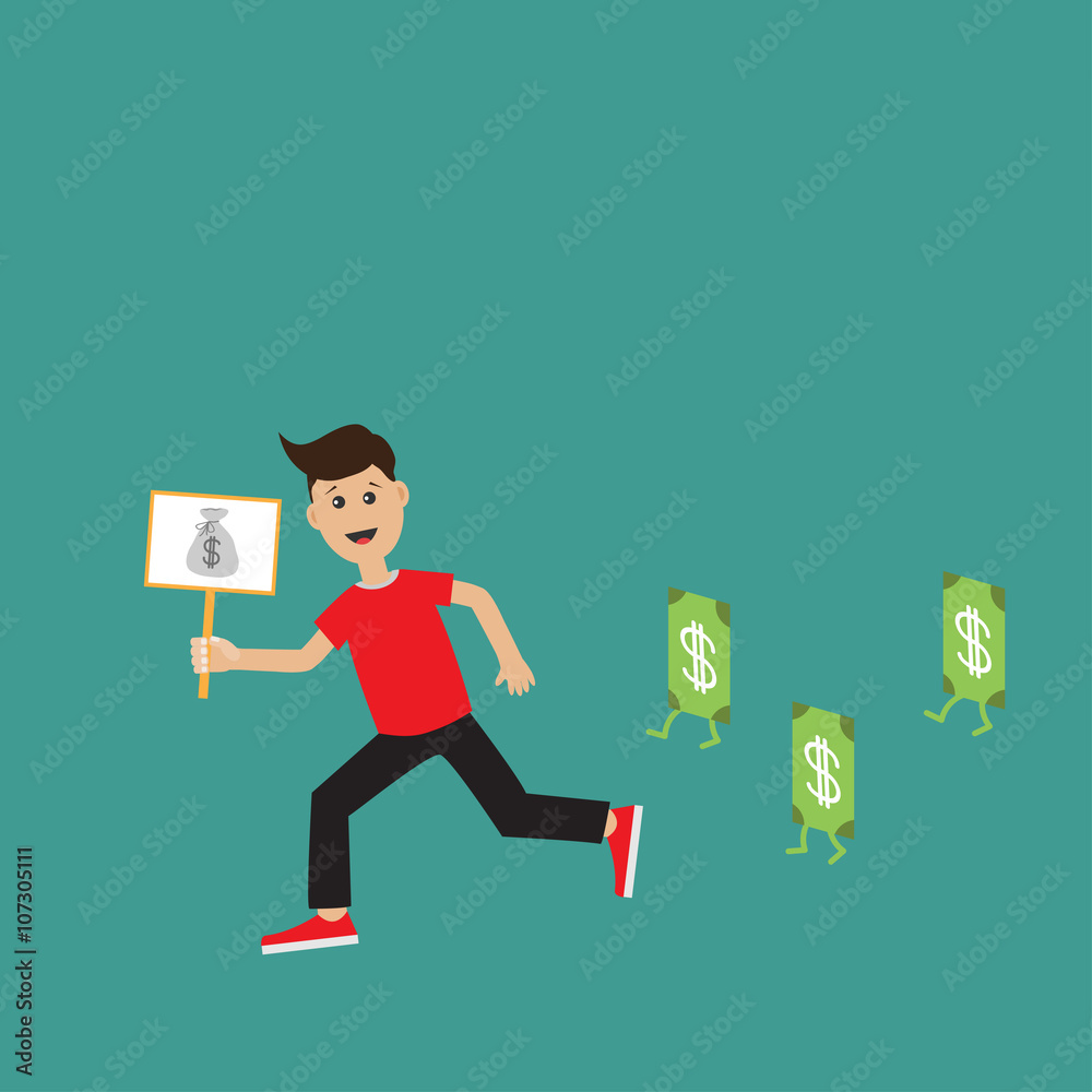 Funny cartoon running guy Boy character Businessman hand holding paper ...