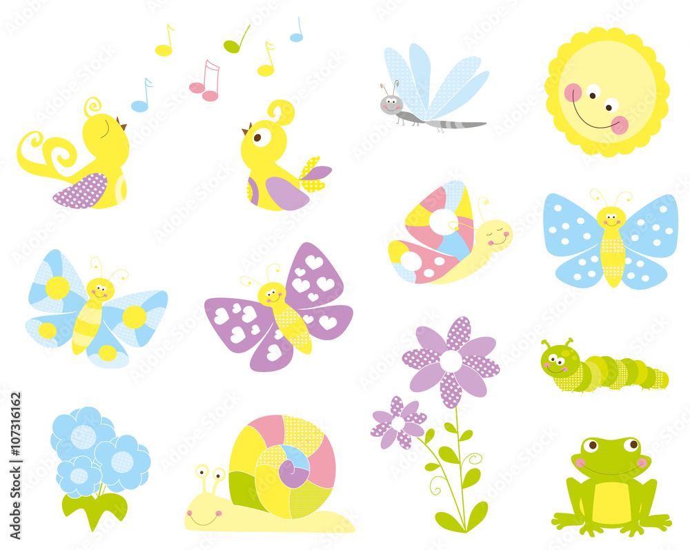 set of cute cartoon nature objects : flowers, singing birds, flying ...