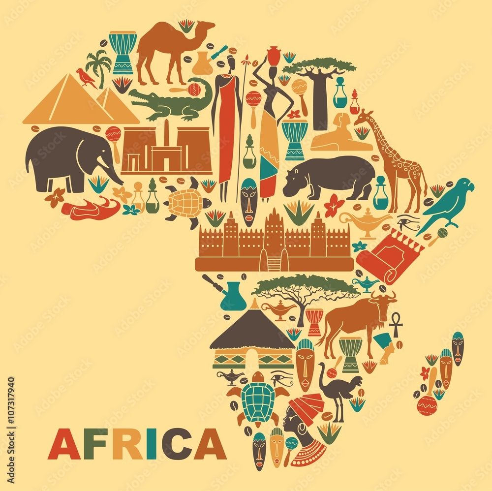 Traditional symbols of Africa in the form of a map Stock Vector | Adobe ...