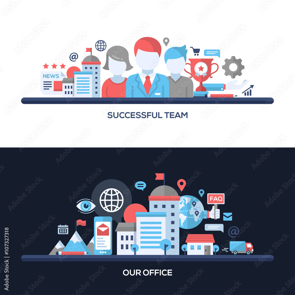 Successful Team, Our Office Flat Design Concept Banners, Headers Set ...
