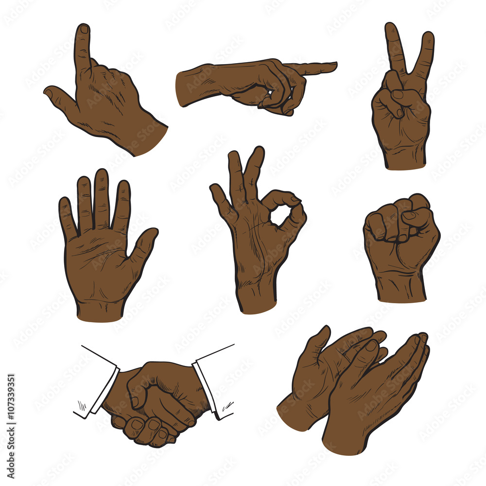 set of hands. Icons of different characters. Pointing finger. Clapping ...