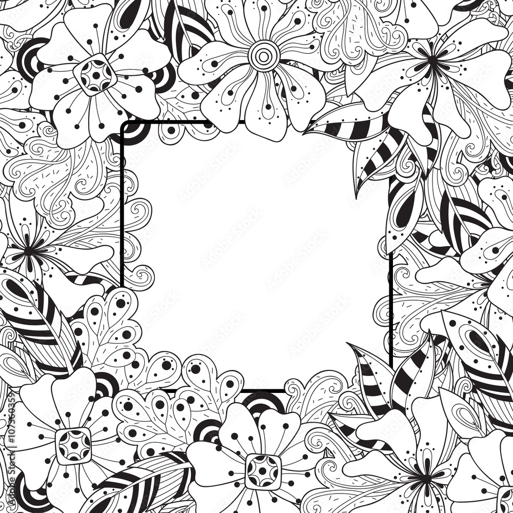 Flowers and leaves hand drawn zentangle style square vector frame ...