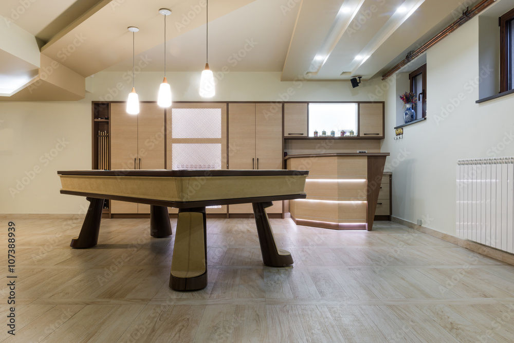 Entertainment room in luxury mansion with pool table Stock Photo ...