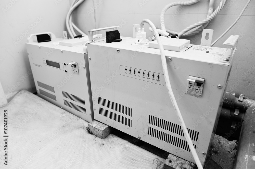 Poster Close up view of electrical panel with fuses and contactors ...