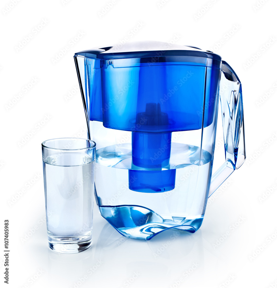 Water filter and a glass of purified water isolated on white bac Stock ...