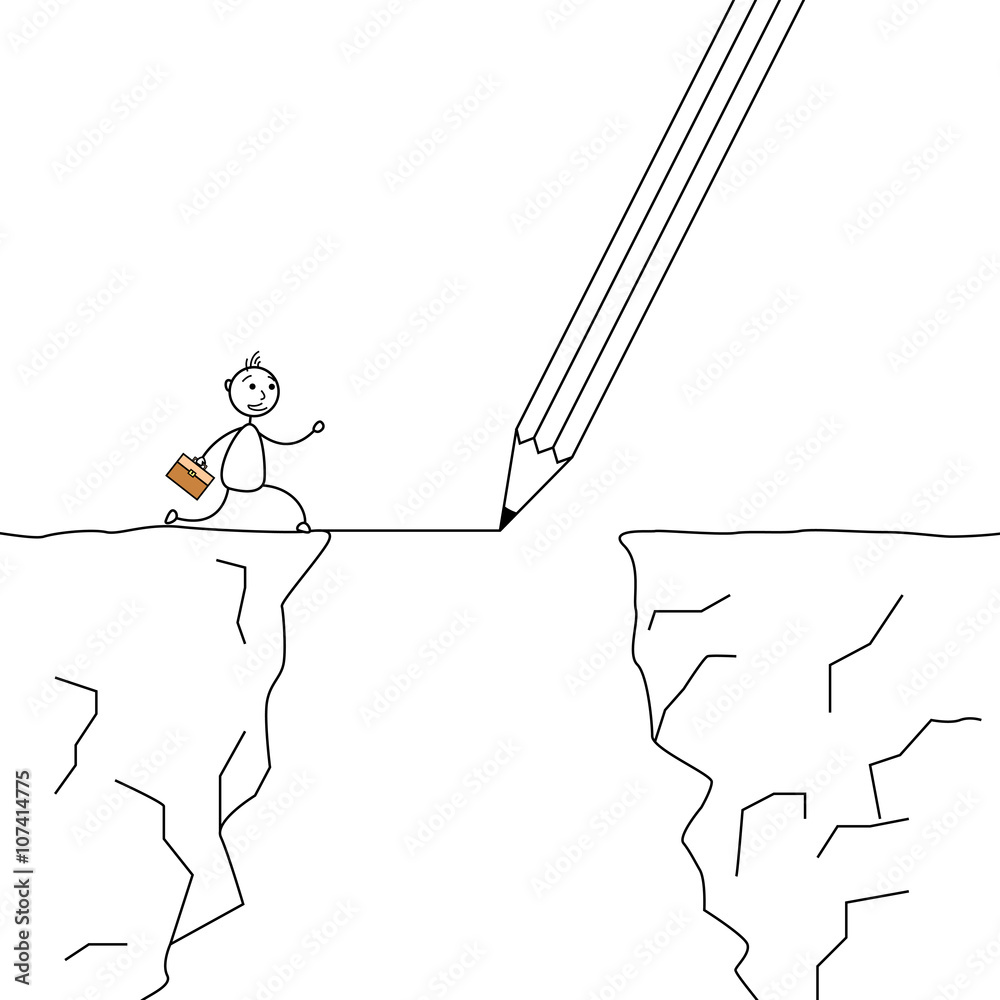 Stick man crossing the cliffs with a pencil drawing the bridge Stock ...