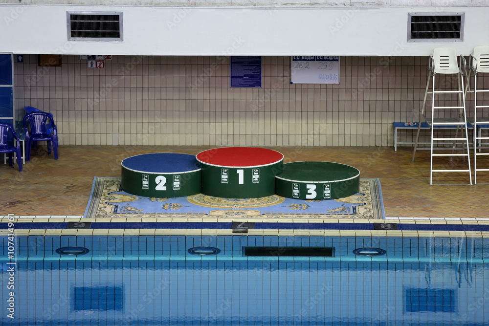 Pedestal for the winners in the competitions in the swimming pool Stock ...