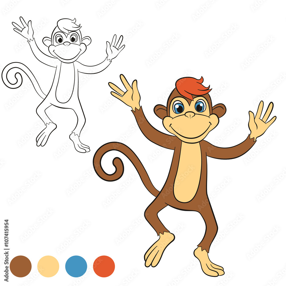 Coloring page. Color me: monkey. Little cute monkey runs and waves its ...