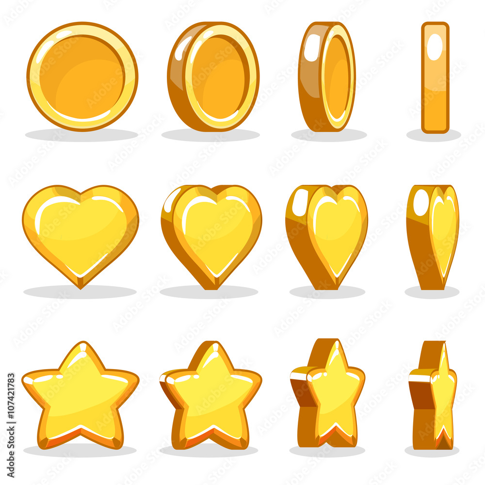 Cartoon set of heart, coin and star glossy, game turn-based animation ...