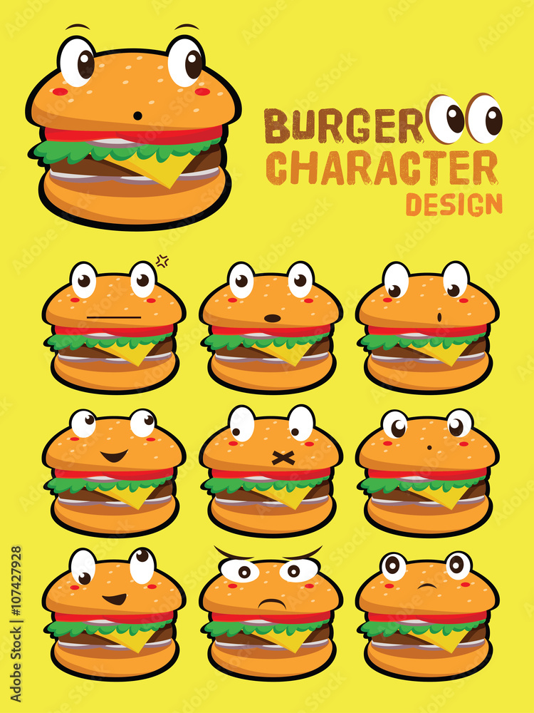 Set of 10 modern flat emoticons: cute cartoon burger with different ...