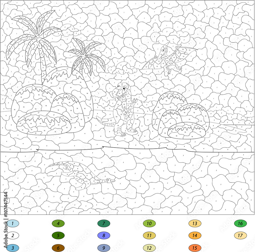 Funny cute pterodactyl, pliosaur and tyrannosaurus. Color by num Stock ...