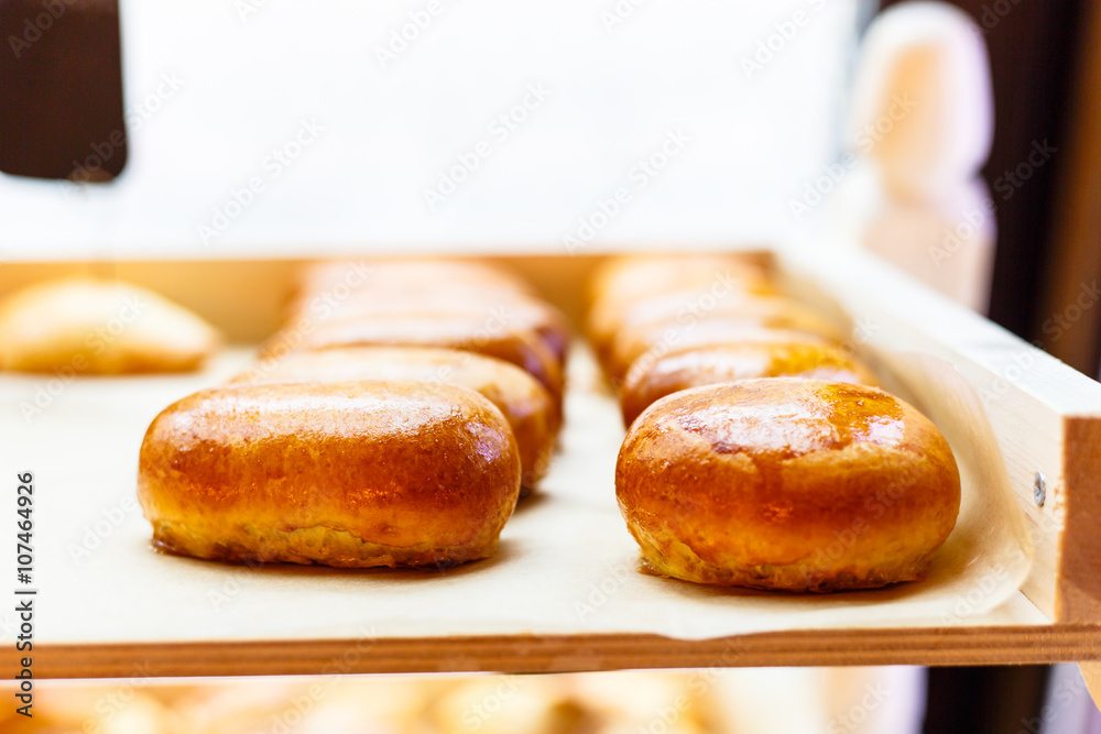 Russian cuisine - pirozhki. Baked buns with different fillings. Stock ...