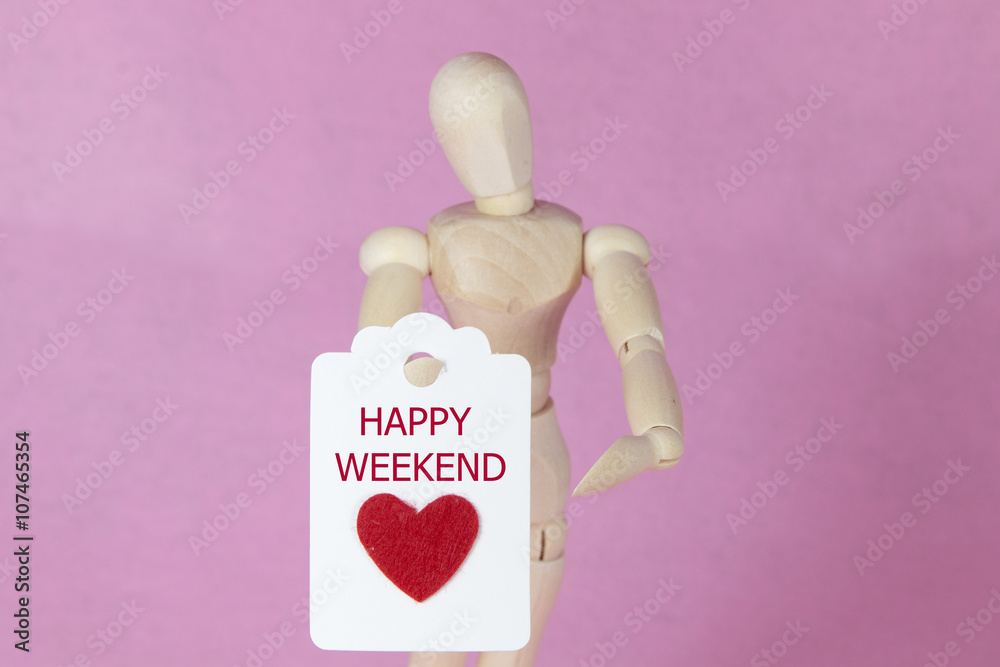 wooden persona with heart card. happy weekend writing. love card and ...