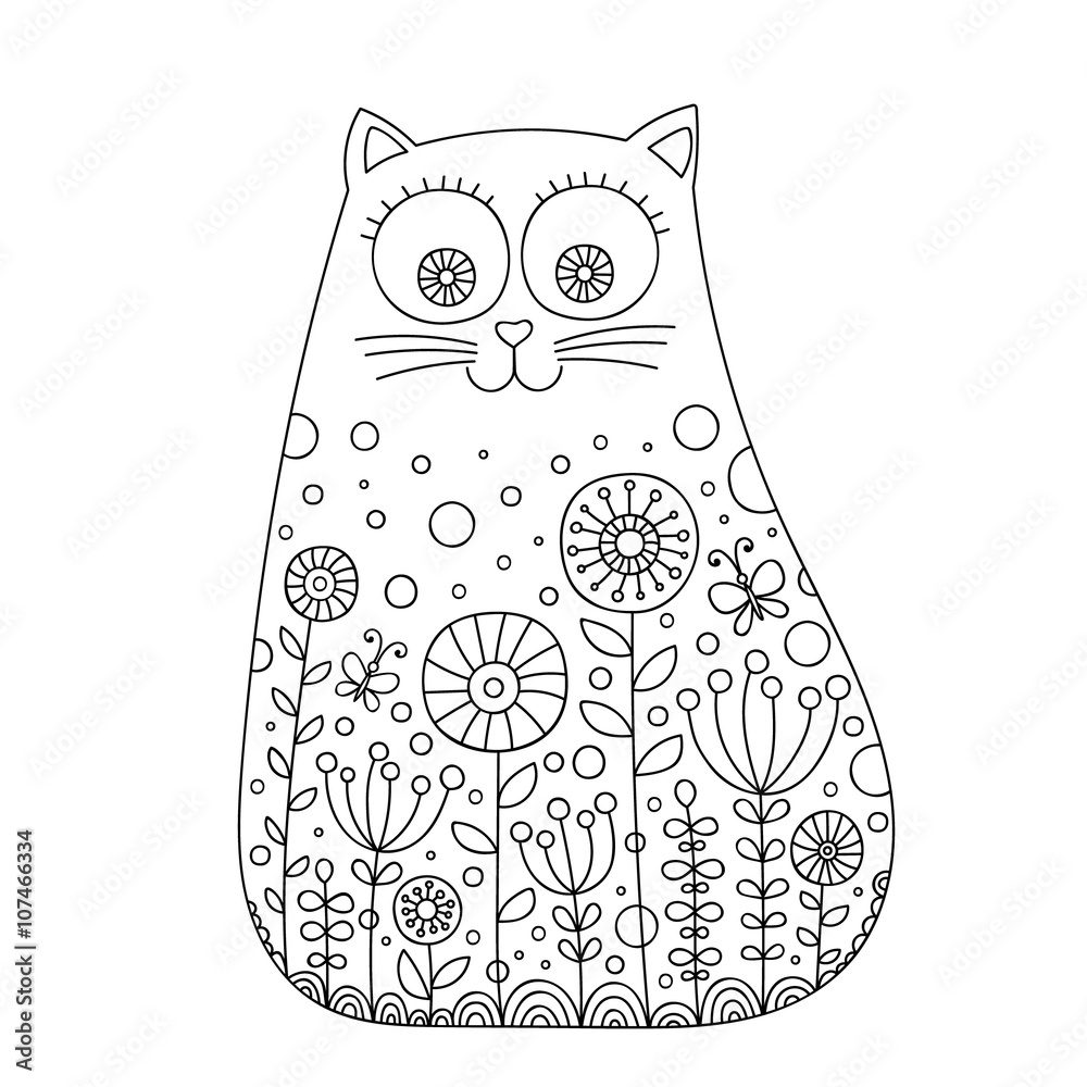 Cute doodle cat. Vector hand drawn cat with doodle ornament. Spring cat ...