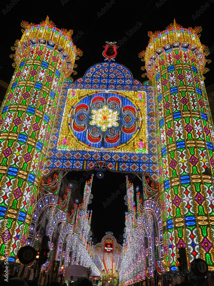 Valencia celebrates Fallas. Main streets are decorated with light ...