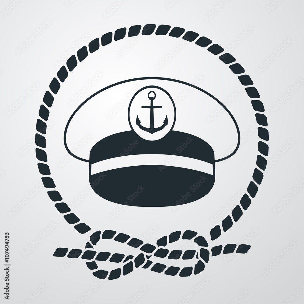 Icono plano gorra capitan barco con circulo de cuerda en fondo ...
