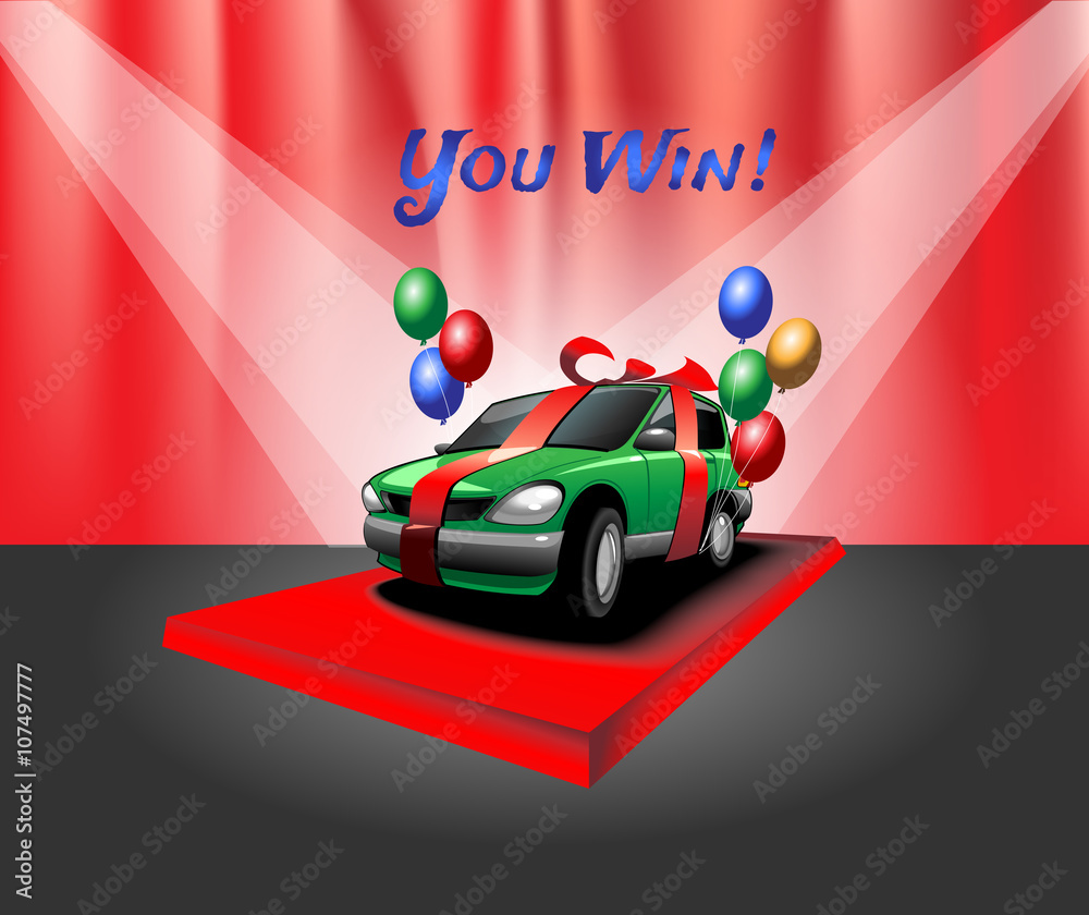 Green Car with Red Ribbon and Balloons on Pedestal in Spotlights ...